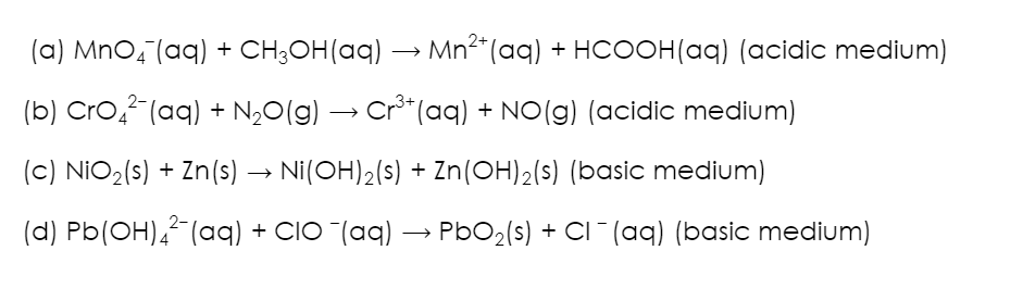 SOLVED: (a) MnO4^-(aq)+CH3OH(aq) →Mn^2+(aq)+HCOOH(aq) (acidic medium ...