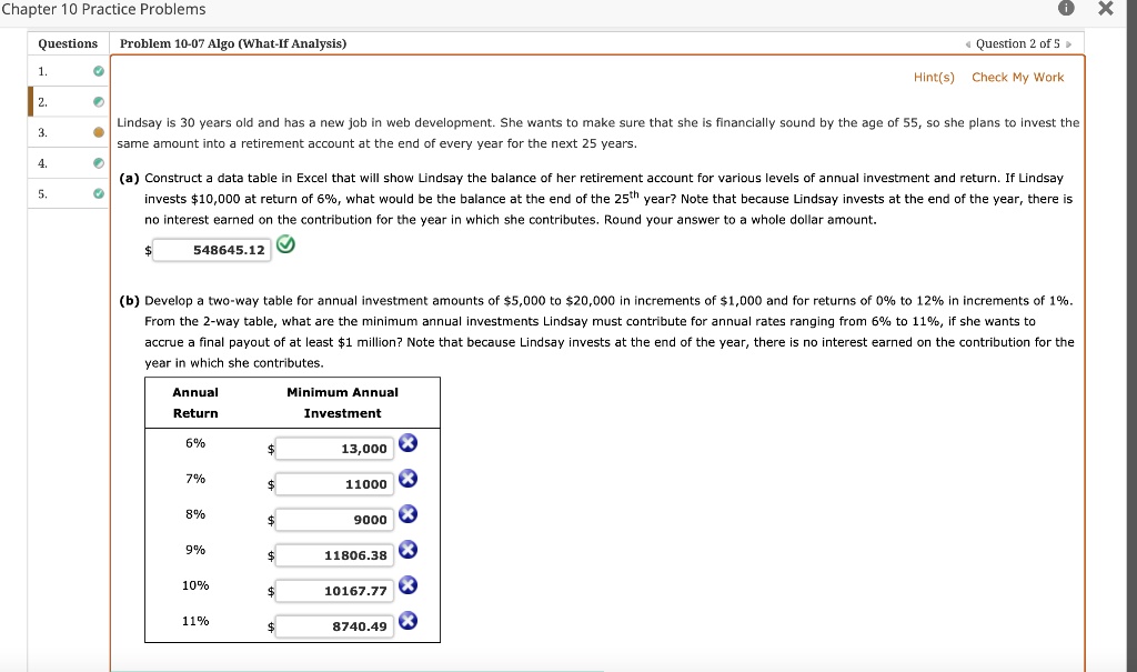 Chapter 10 Practice Problems Questions Problem 10-07 Algo (What-If Analysis) Question 2 of 5 1 ...