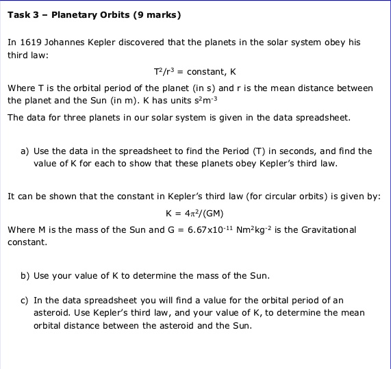 SOLVED: Task 3 Planetary Orbits (9 marks) In 1619 Johannes Kepler ...
