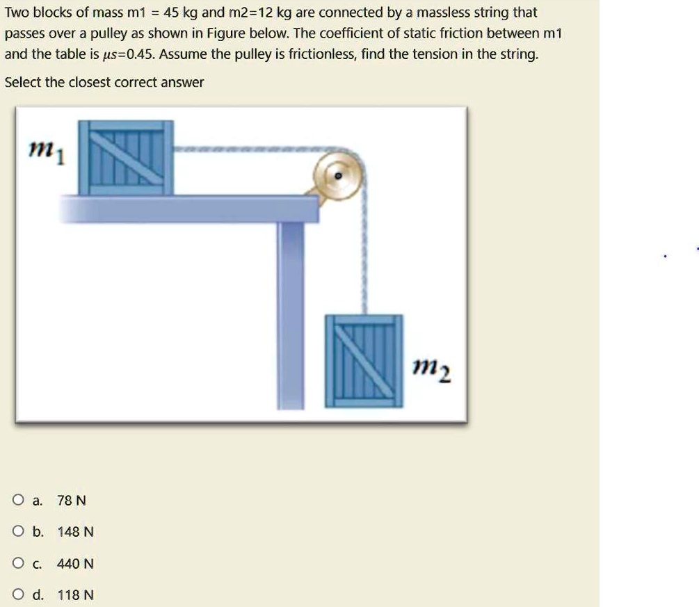 SOLVED: Two blocks of mass m1 = 45 kg and m2 = 12 kg are connected by a massless string that ...