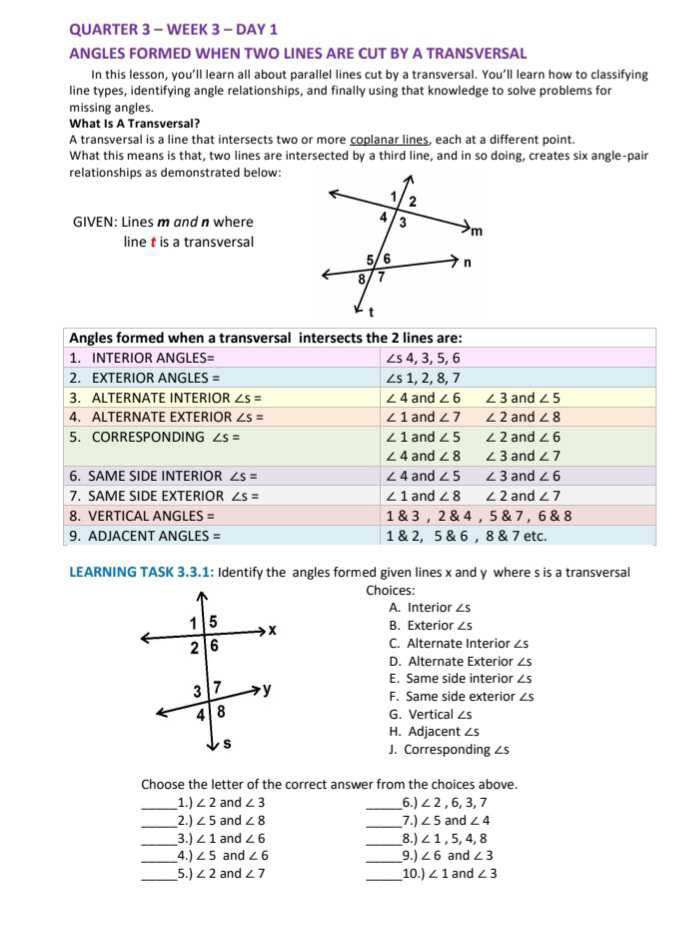 QUARTER 3 - WEEK 3 - DAY 1 ANGLES FORMED WHEN TWO LINES ARE CUT BY A ...