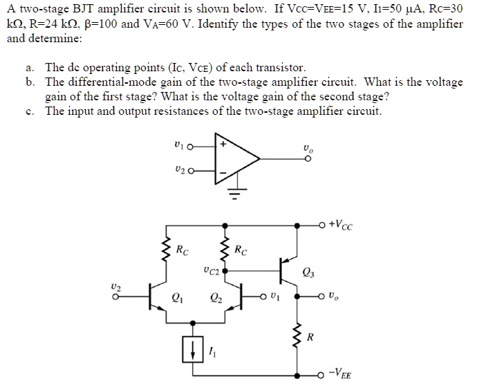 SOLVED: A two-stage BJT amplifier circuit is shown below. If Vcc = VEE = 15 V, Ii = 50 uA, Rc ...