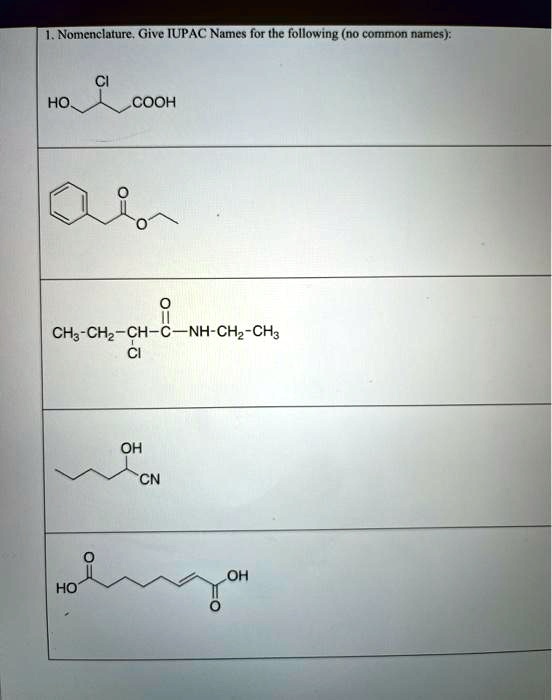 1. Nomenclature. Give IUPAC Names for the following (no common names): Cl HOCCOOH OCOCC CH3-CH2 ...