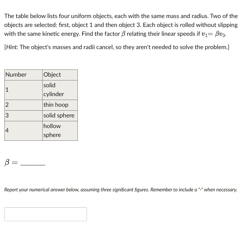 SOLVED: The table below lists four uniform objects, each with the same mass and radius. Two of ...