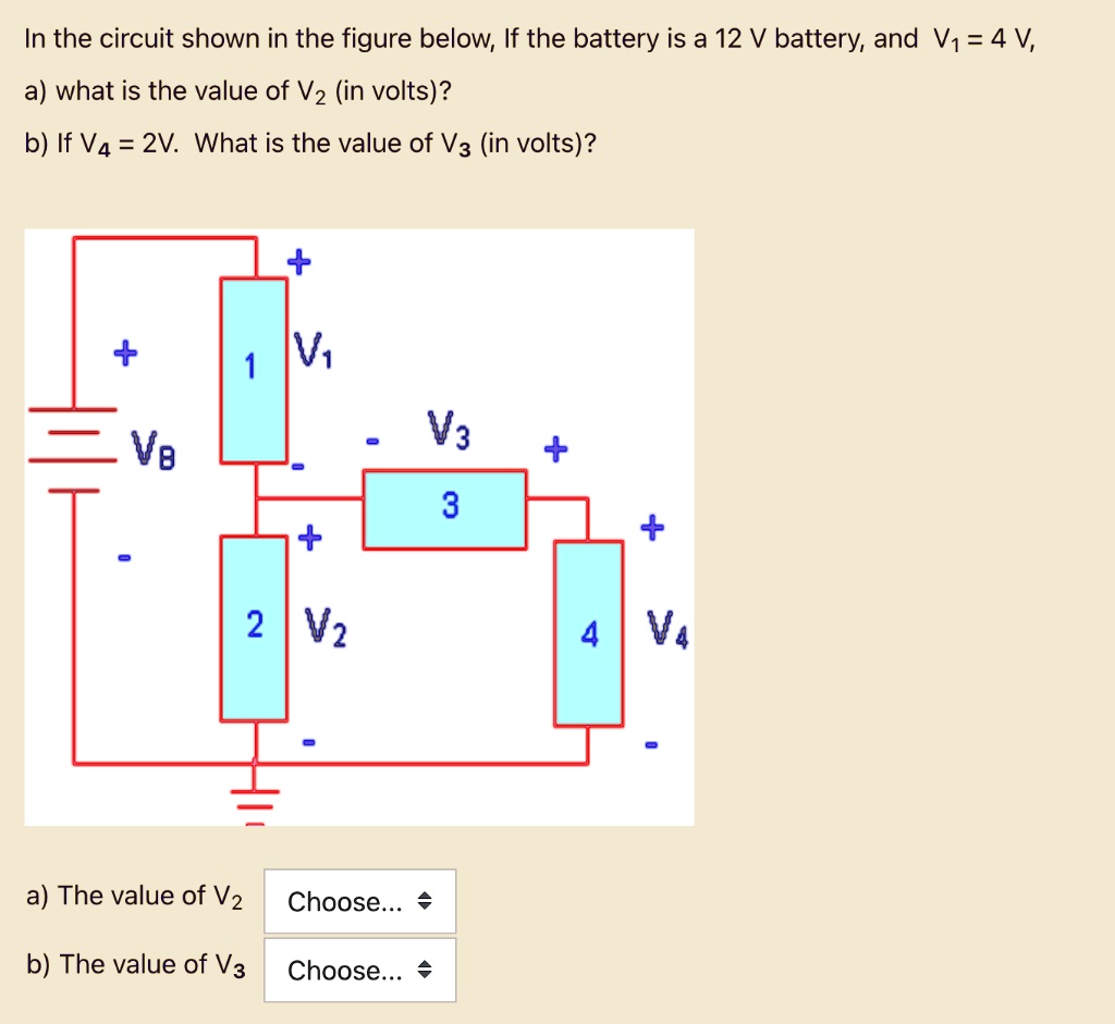 SOLVED: In the circuit shown in the figure below, If the battery is a 12 V battery, and V1 = 4V ...