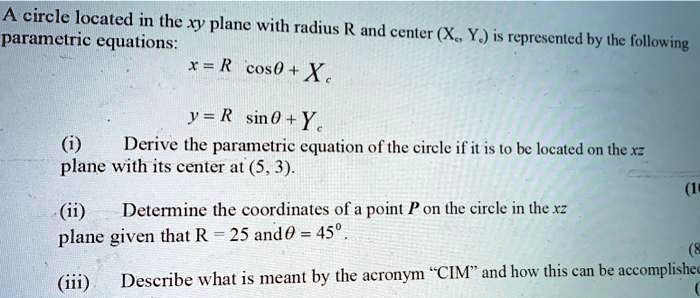 A circle located in the xy plane with radius R and center (Xc, Yc) is ...