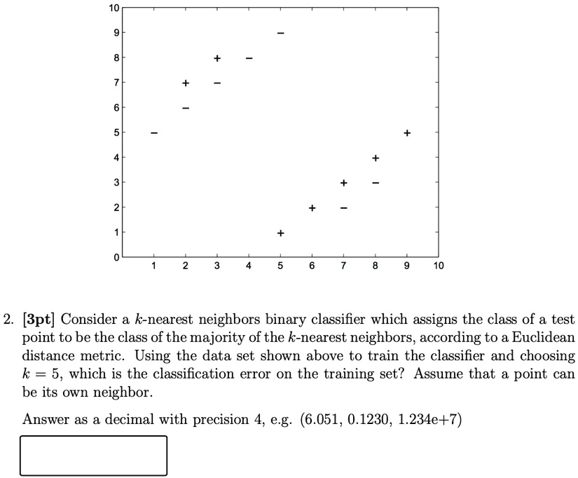 10 9 8 7 6 5 4 3 2 1 0 1 2 3 4 5 6 7 8 9 10 2. [3pt] Consider a k-nearest neighbors binary ...