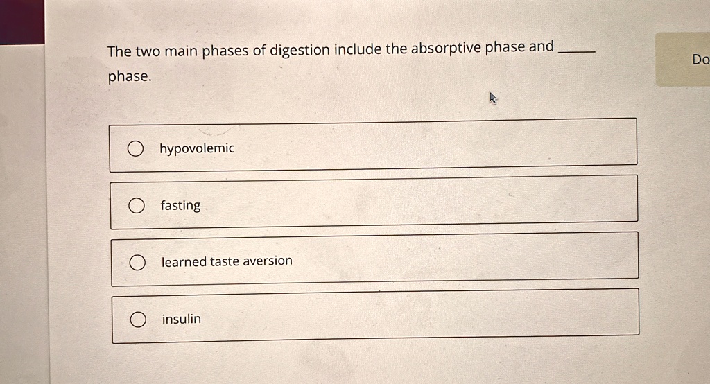 [GET ANSWER] the two main phases of digestion include the absorptive ...