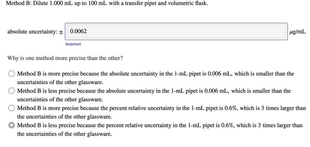 SOLVED: Method B: Dilute 1.000 mL up to 100 mL with a transfer pipette ...
