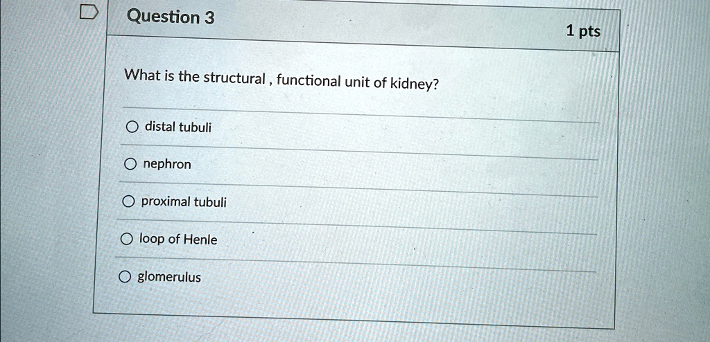 Question 3 What is the structural, functional unit of kidney? O distal tubuli O nephron O ...
