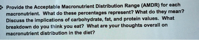 Provide the Acceptable Macronutrient Distribution Range (AMDR) for each ...