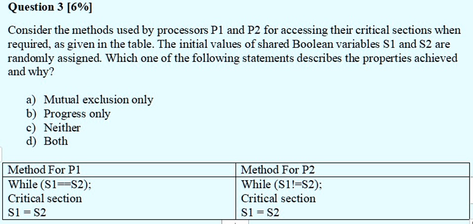 SOLVED: Question 3 [6%] Consider the methods used by processors P1 and P2 for accessing their ...