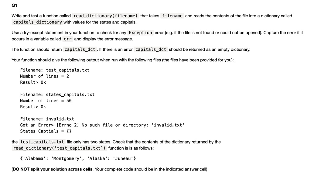 Q1 Write and test a function called readdictionary(filename) that takes ...