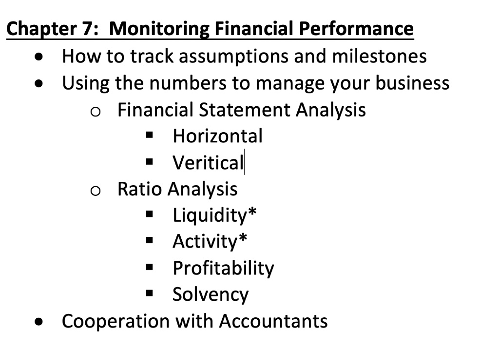 Chapter 7: Monitoring Financial Performance • How to track assumptions and milestones • Using ...