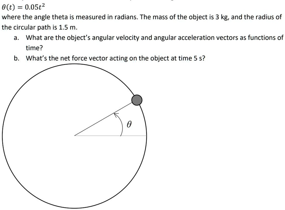 θ(t) = 0.05t^2 where the angle theta is measured in radians. The mass of the object is 3 kg, and ...