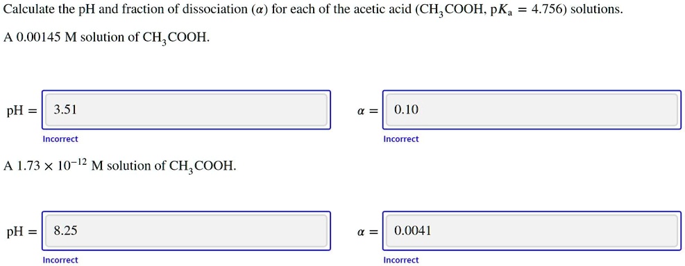 SOLVED: Calculate the pH and fraction of dissociation ( ) for each of ...