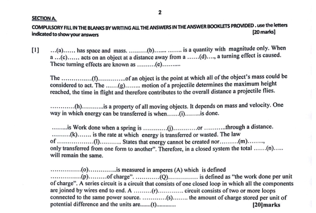 section a compulsory fill in the blanks by writing all the answers in ...