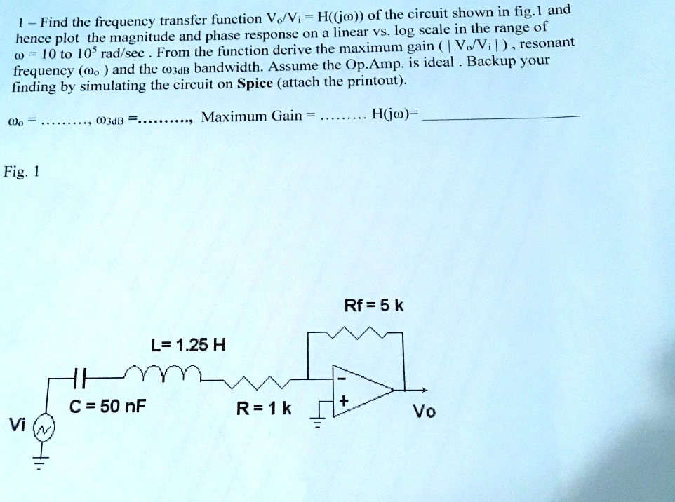 SOLVED: Find the frequency transfer function Vo/V = H(j) of the circuit shown in Fig. 1 and ...