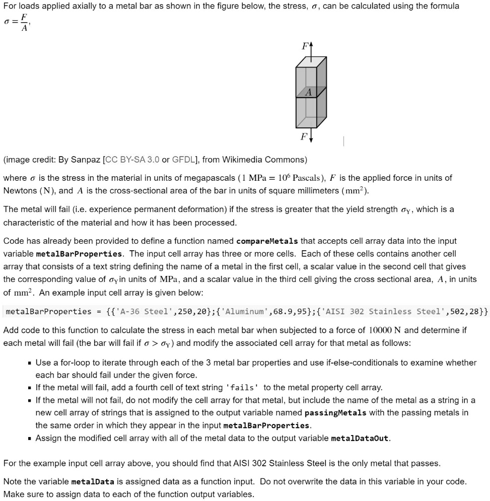 matlab help please for loads applied axially to a metal bar as shown in ...