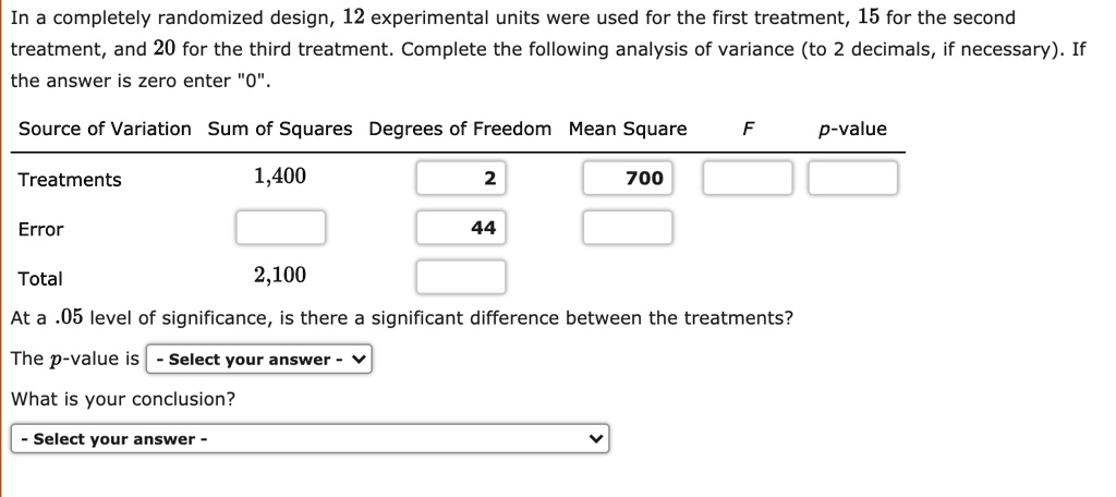 SOLVED: In completely randomized design, 12 experimental units were used for the first treatment ...