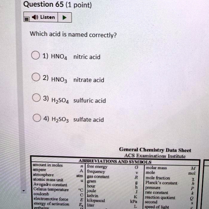 SOLVED: Question 65 (1 point) Listen Which acid is named correctly? 01 ...