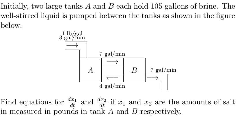 SOLVED: Initially; two large tanks A and B each hold 105 gallons of brine. The well-stirred ...