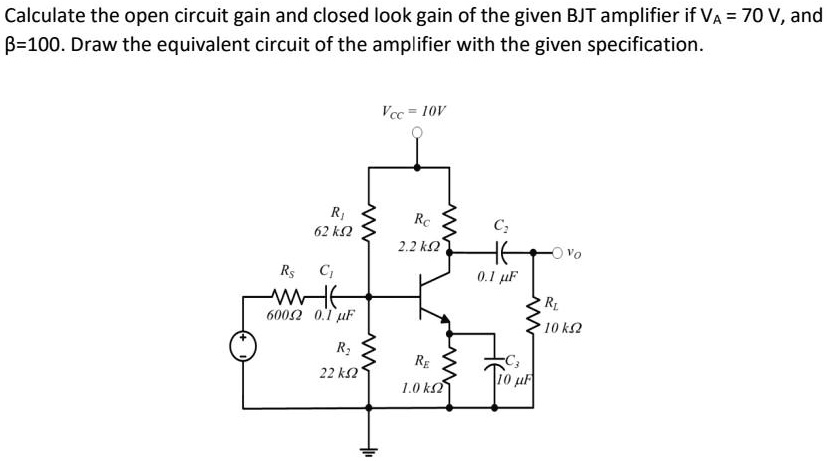 Calculate the open circuit gain and closed look gain of the given BJT ...