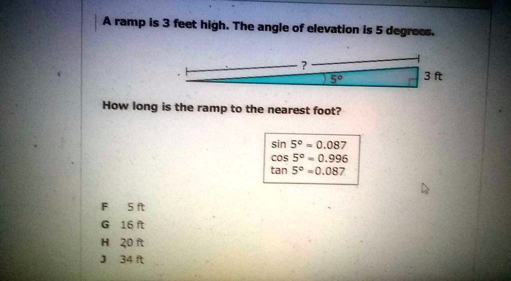 SOLVED: A ramp is 3 feet high: The angle of elevation Is 5 degrees: 50 ...