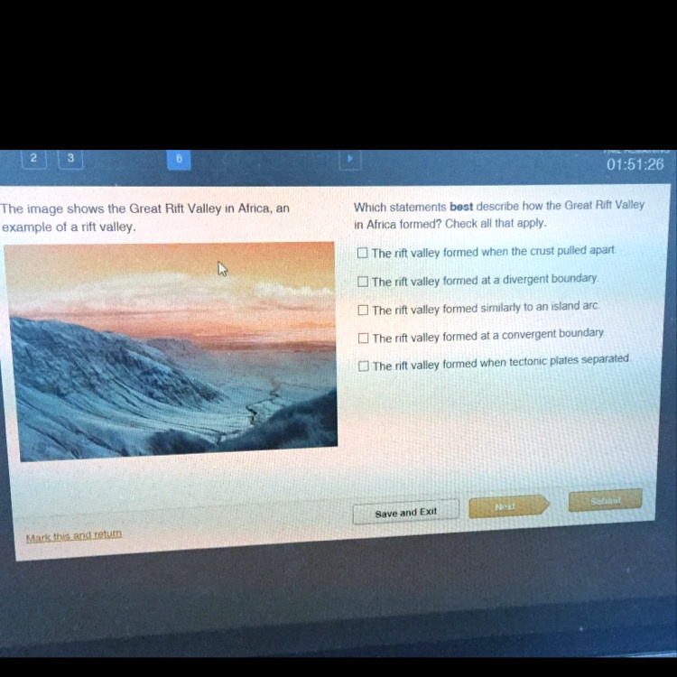 The image shows the Great Rift Valley in Africa, an example of a rift ...