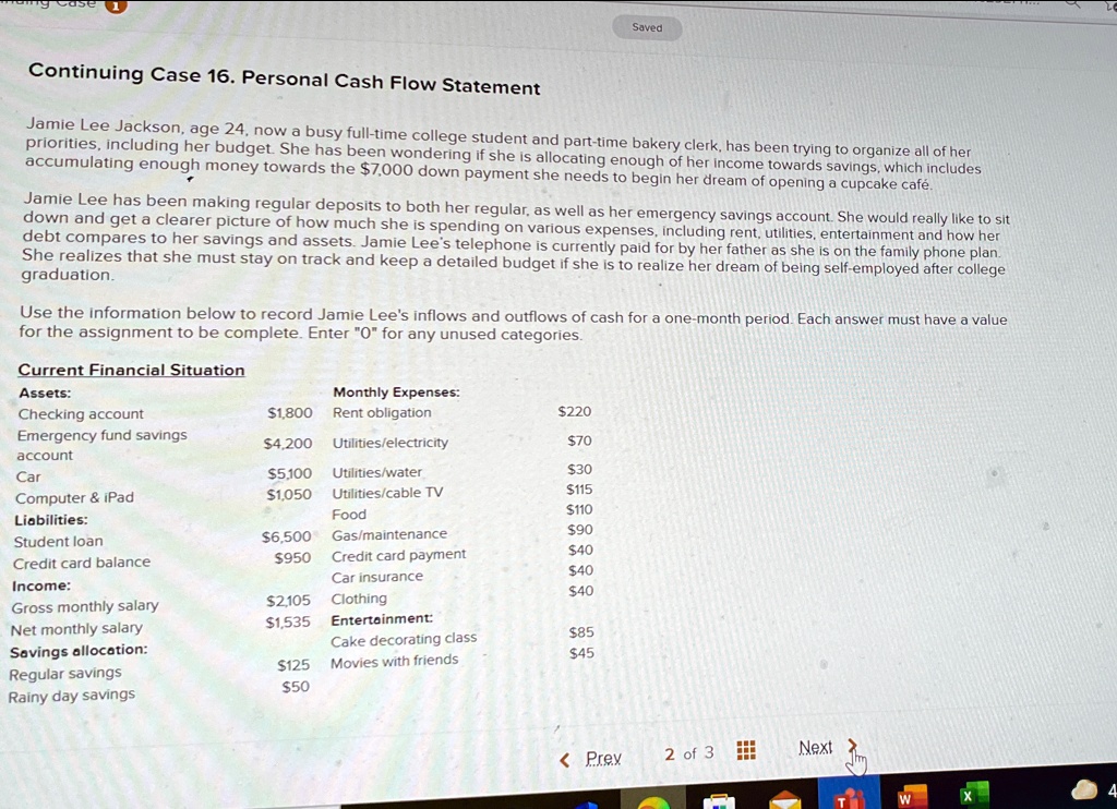 Continuing Case 16: Personal Cash Flow Statement Jamie Lee Jackson, age ...