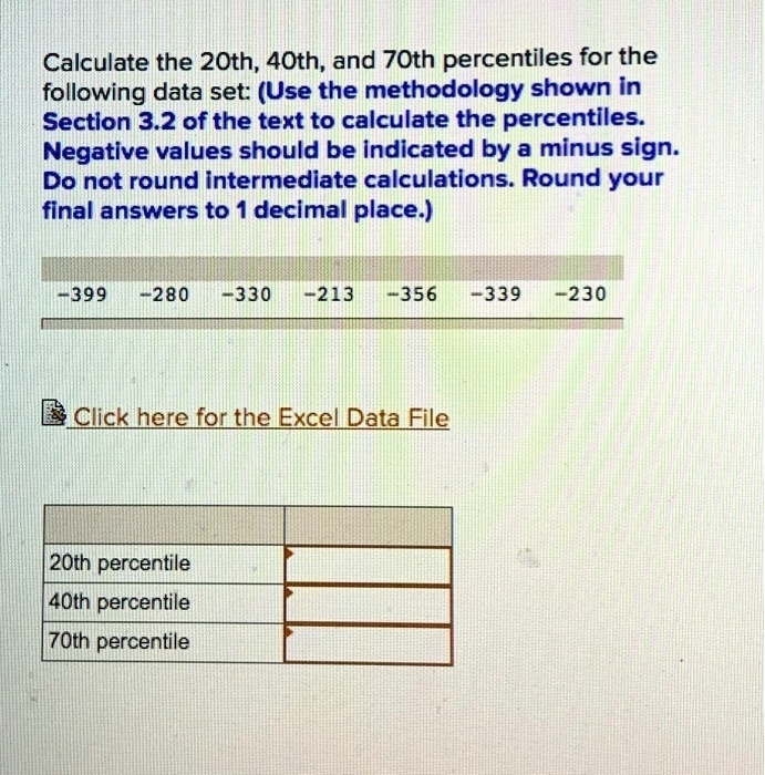 SOLVED: Calculate the 20th, 40th, and 70th percentiles for the ...
