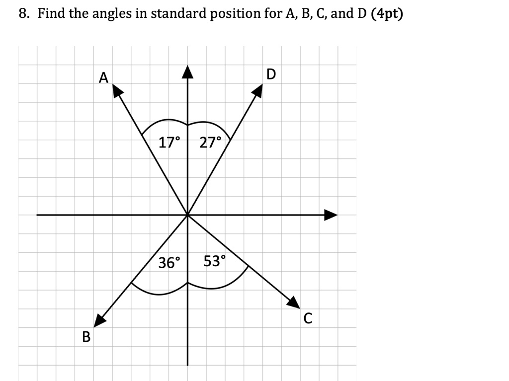 SOLVED: 8. Find the angles in standard position for A, B, C, and D (4pt ...