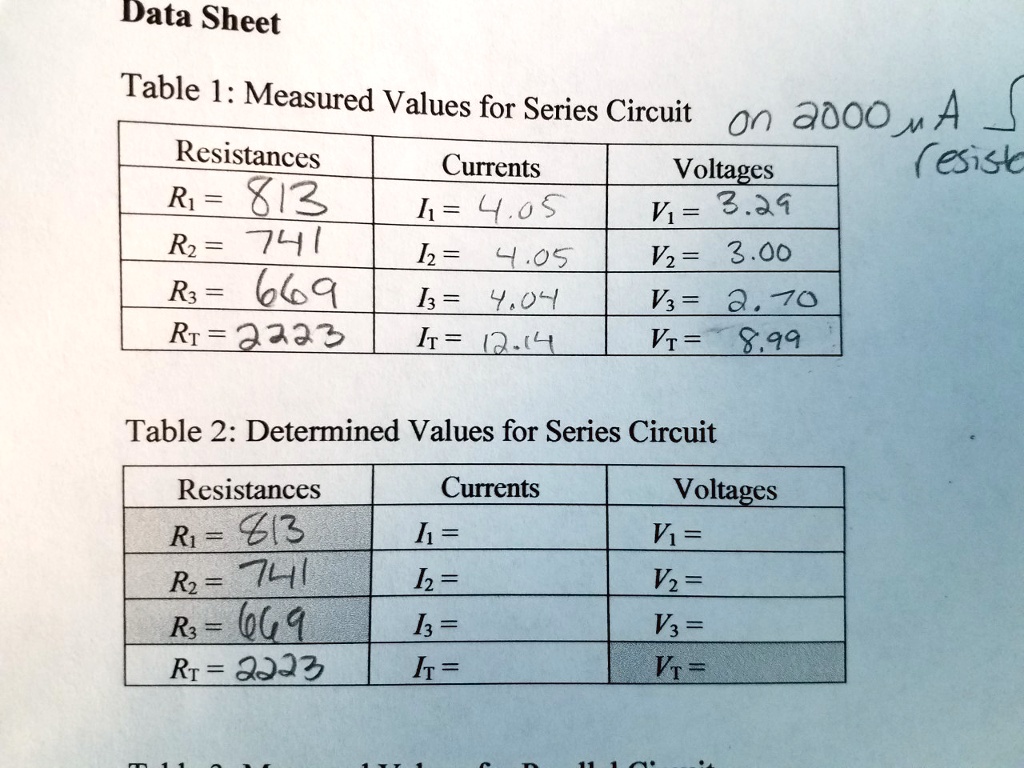 SOLVED: Copy the R1, R2, R3, and VT values from Table 1 to Table 2, calculate the equivalent ...