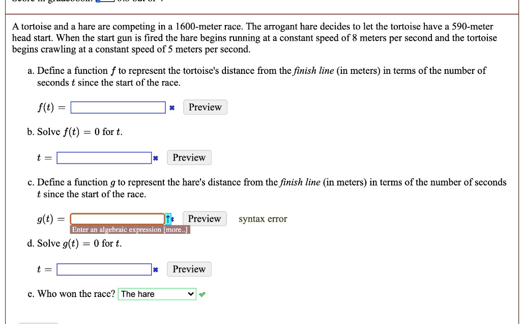 a tortoise and a hare are competing in a 1600 meter race the arrogant ...