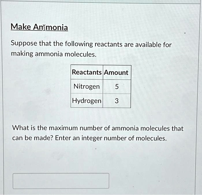 SOLVED: Make Ammonia Suppose that the following reactants are available for making ammonia ...