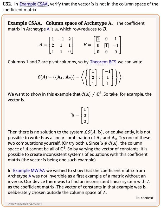 SOLVED: C32. In Example CSAA, verify that the vector b is not in the ...