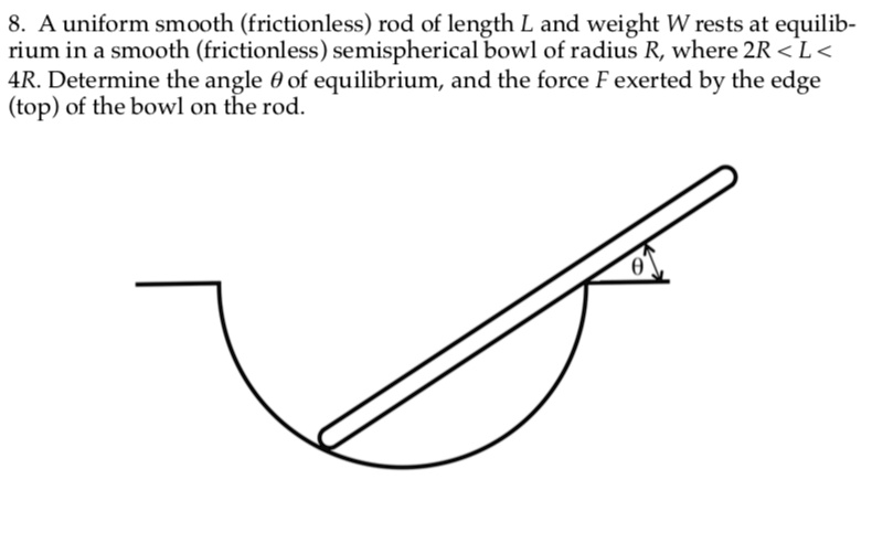 8. A uniform smooth (frictionless) rod of length L and weight W rests ...