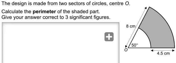 The design is made from two sectors of circles, centre 0 Calculate the perimeter of the shaded ...
