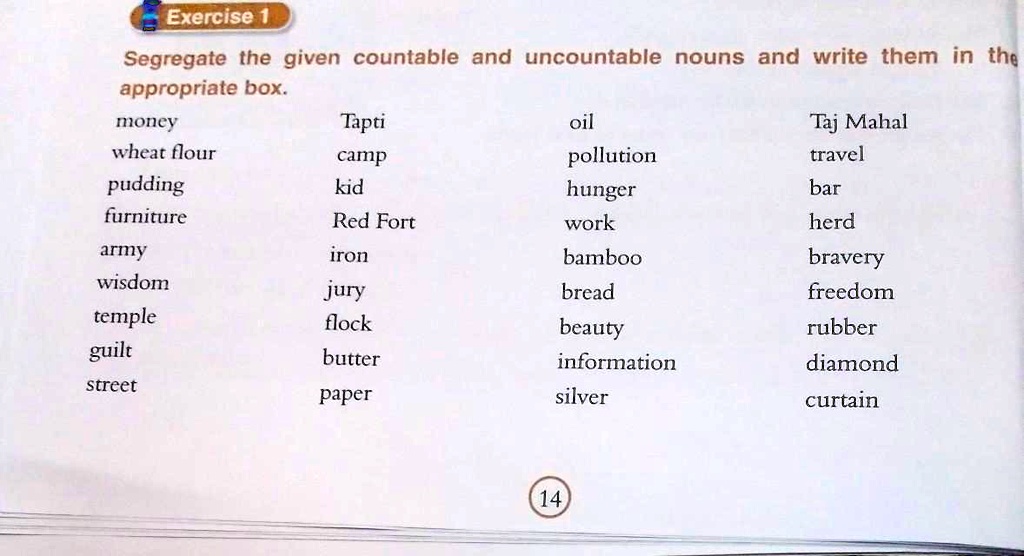 write countable and uncountable nouns exercise 1 segregate the given countable and uncountable ...