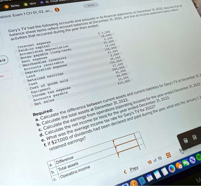 skiley mint saved abledexam1ch 0102an garys tv had the following accounts and amounts in its ...