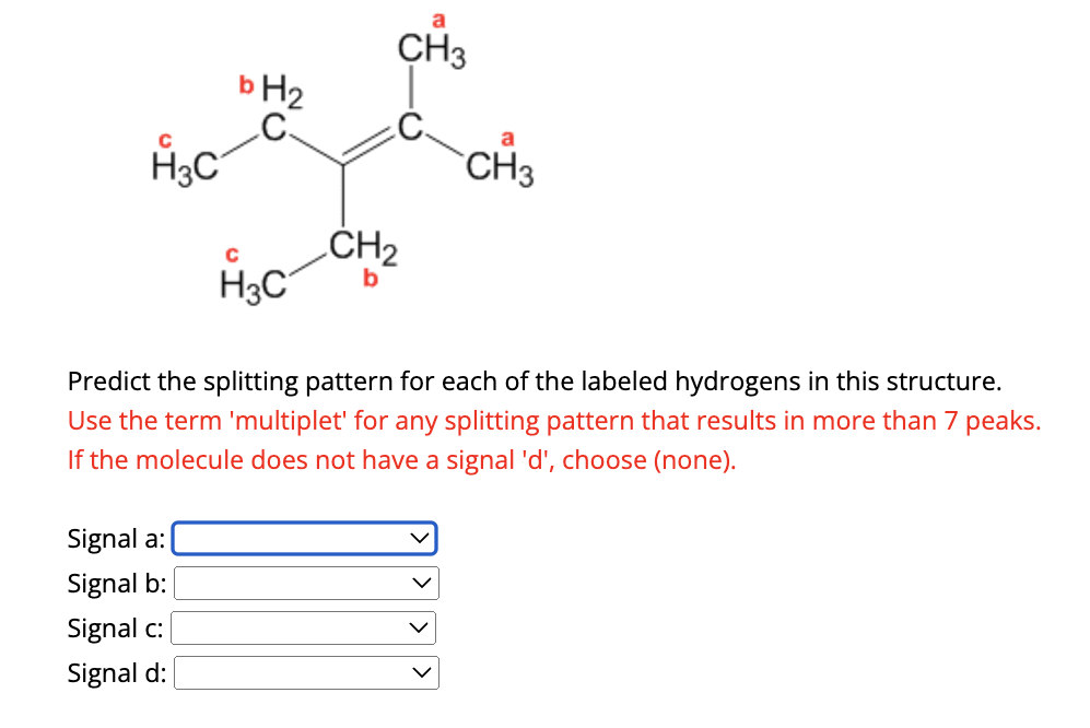predict the splitting pattern for each of the labeled hydrogens in this structure use the term ...