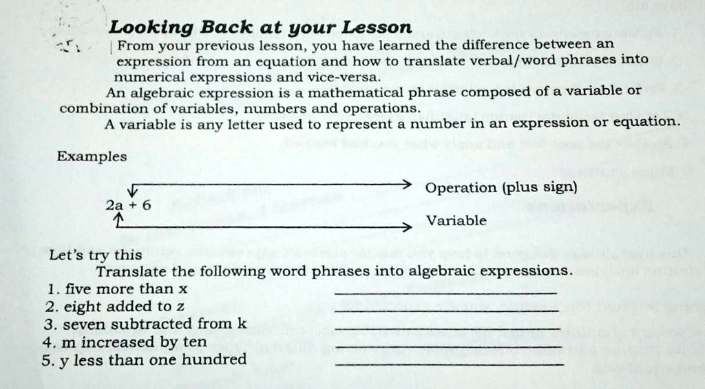 Looking Back at your Lesson From your previous lesson, you have learned ...