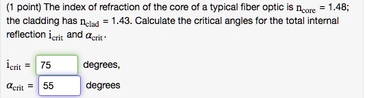 (1 point) The index of refraction of the core of a typical fiber optic is ncore = 1.48; the ...