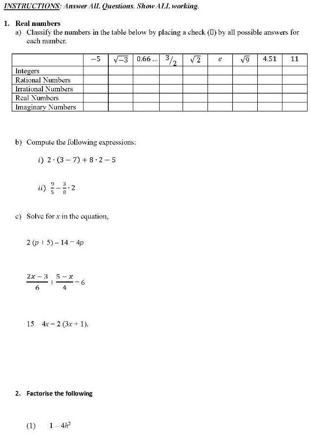 INSTRUCTIONS: Answer All Questions. Show ALL working. 1. Real numbers a ...