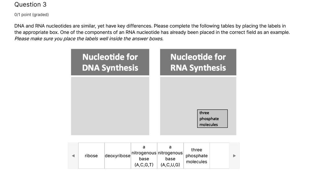 SOLVED: DNA and RNA nucleotides are similar, yet have key differences. Please complete the ...