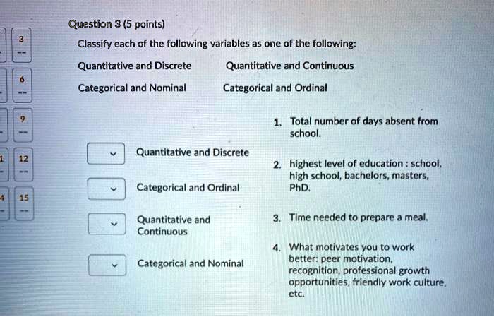 Solved Question 3 5 Points Classify Each Of The Following Variables As One Of The Following