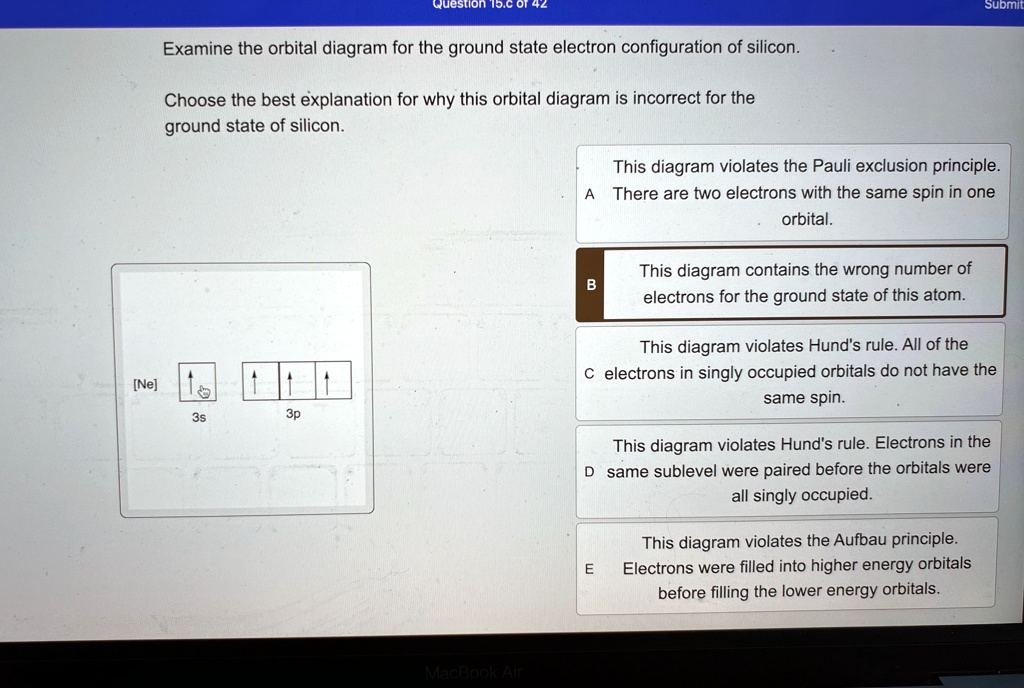 Question 15.0 of 42 Examine the orbital diagram for the ground state electron configuration of ...