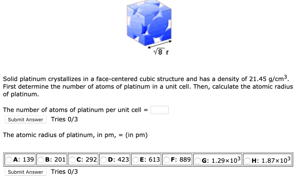 Solved Y8 Solid Platinum Crystallizes In A Face Centered Cubic