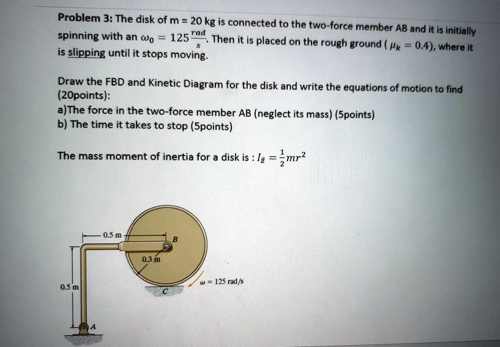 SOLVED: Problem 3:The disk of m =20 kg is connected to the two-force ...