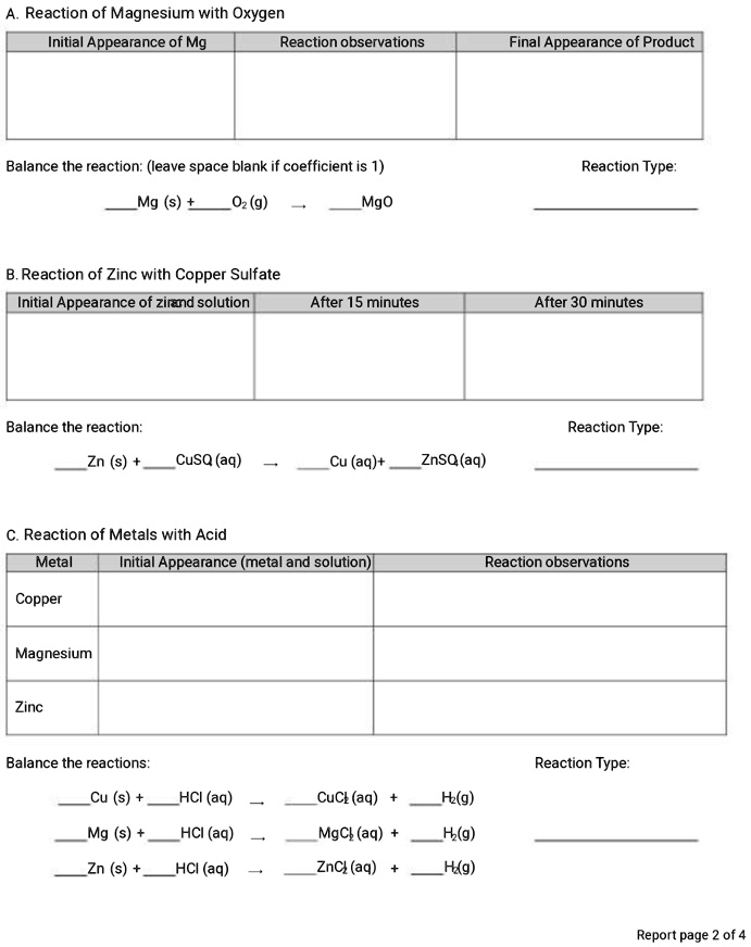 A. Reaction of Magnesium with Oxygen able[[Initial Appearance of Mg ...